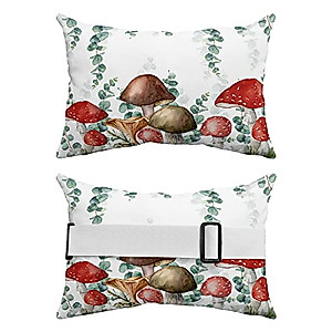 Recliner Head Pillow Ledge Loungers Chair Pillows with Insert Farmhouse Eucalyptus Leaves and Red Mushroom Lumbar Pillow with Adjustable Strap Outdoor Waterproof Patio Pillows for Beach Pool, 2 PCS