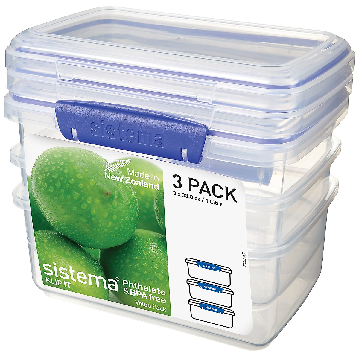 Sistema KLIP IT Rectangular Collection Food Storage Container, 33.8 oz./1.0 L, Clear/Blue, 3 Count