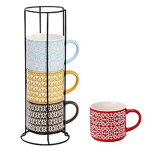 Hiceeden Set of 4 Stackable Coffee Mugs with Rack, 15 oz Colorful Ceramic Coffee Mugs with Metal Stand, Coffee Cup Set for Espresso, Cocoa, Latte, Americano, Cappuccino, Tea, Milk, Multi-colored