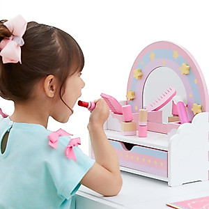Teamson Kids Little Dreamer Wooden Rainbow Play Tabletop Vanity with Mirror and Drawer Plus 8 Pretend Cosmetic Makeup Accessories, Pink, includes Small Parts