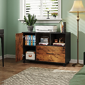 DEVAISE Office File Cabinet with Lock, 1-Drawer Wood Lateral Filing Cabinet on Wheels, Printer Stand with Open Storage Shelves for Home Office, Rustic Brown