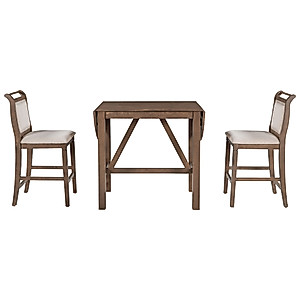 Hlcodca 3 Piece Wood Counter Height Dining Table Set, Farmhouse Drop Leaf Kitchen Table Set with 2 Upholstered Dining Chairs, Back with Handle for Small Place (Brown/Half-Round)