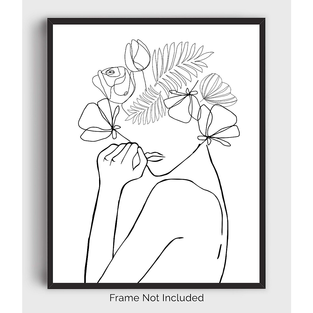 Woman with Flowers on Head Line Art - 11x14 UNFRAMED Abstract Minimalist Decor Wall Print in Black on White.
