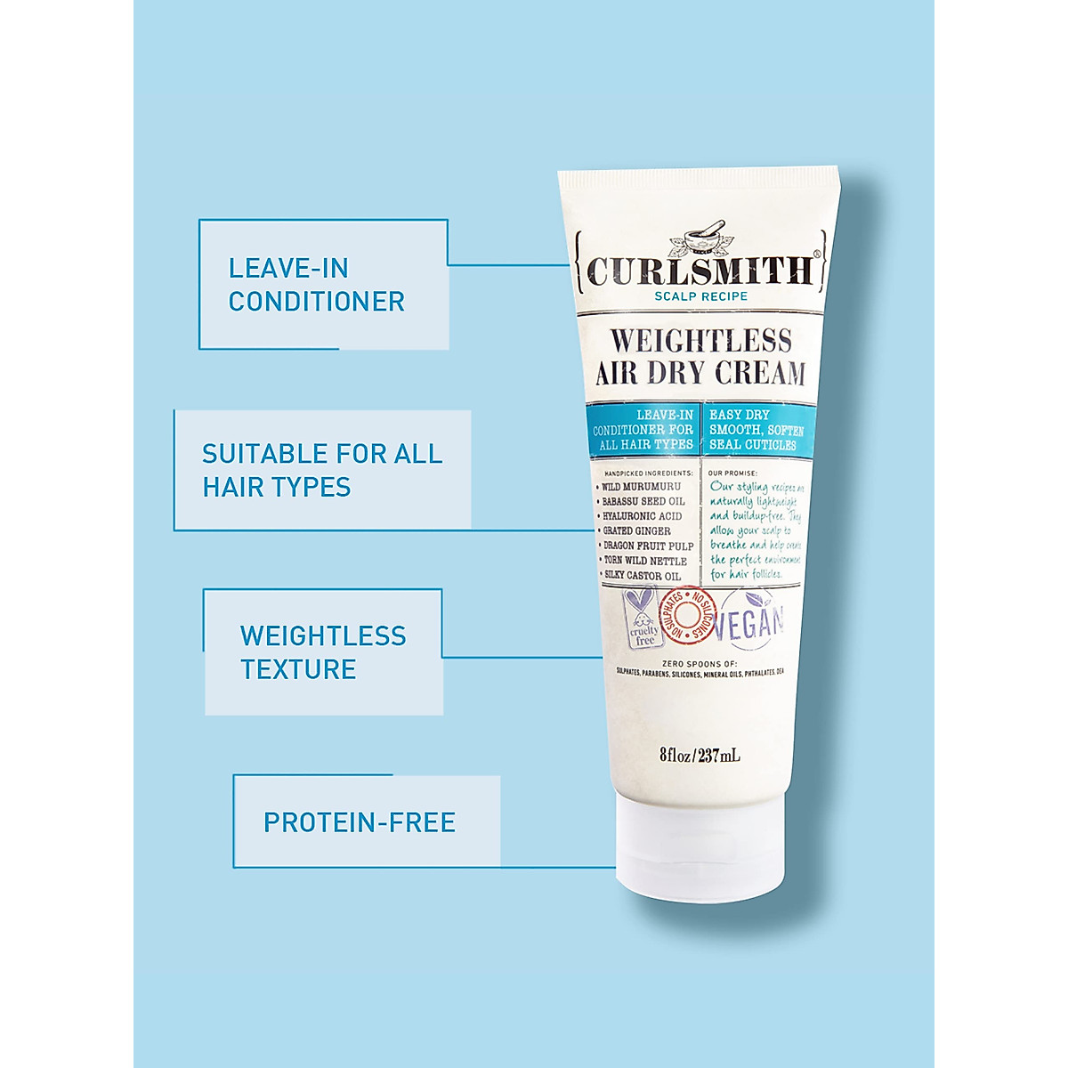 CURLSMITH - Weightless Air Dry Cream - Vegan Leave-In Conditioner for Any Hair Type, Smooths Hair (8 fl oz)