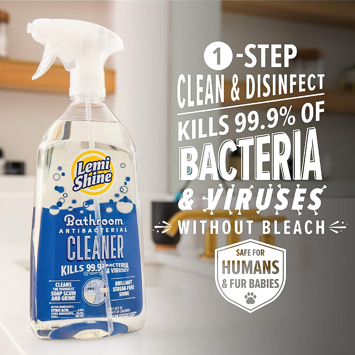 Lemi Shine Bathroom Disinfecting Spray | Antibacterial Bathroom Cleaner for Tub, Shower, Sink, and Tile Cleaning | Kills Over 99.9% of Bacteria & Viruses | Powered By Citric Acid, 28 oz. (3 Pack)