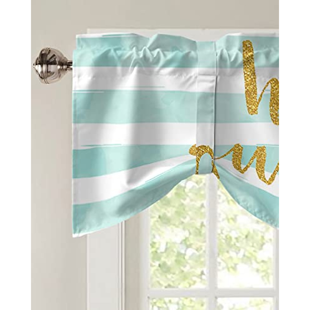 Tie-up Valances for Windows HELLO SUMMER Gold Round Spots on Blue and White Stripes Kitchen Window Curtains Adjustable Farmhouse Valance Curtains for Bedroom Living Room Bathroom 42x12in, 1 Panel