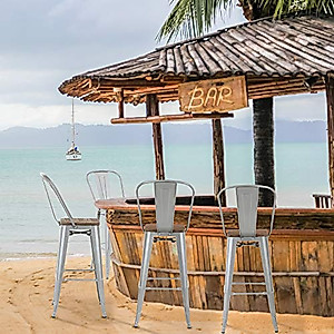 PHI VILLA Metal Patio Bar Stools Set of 4, 30 inches Counter Height Stools with Wooden Seat and High Back, Industrial Style Bar Chairs for Indoor & Outdoor, Pub, Kitchen Island - Matte Grey