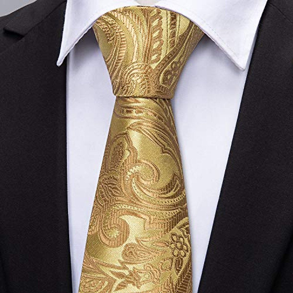 Barry.Wang Men Tie Set Paisley Gold Silk Necktie Pocket Square Cufflinks Formal Wedding Party Business Prom