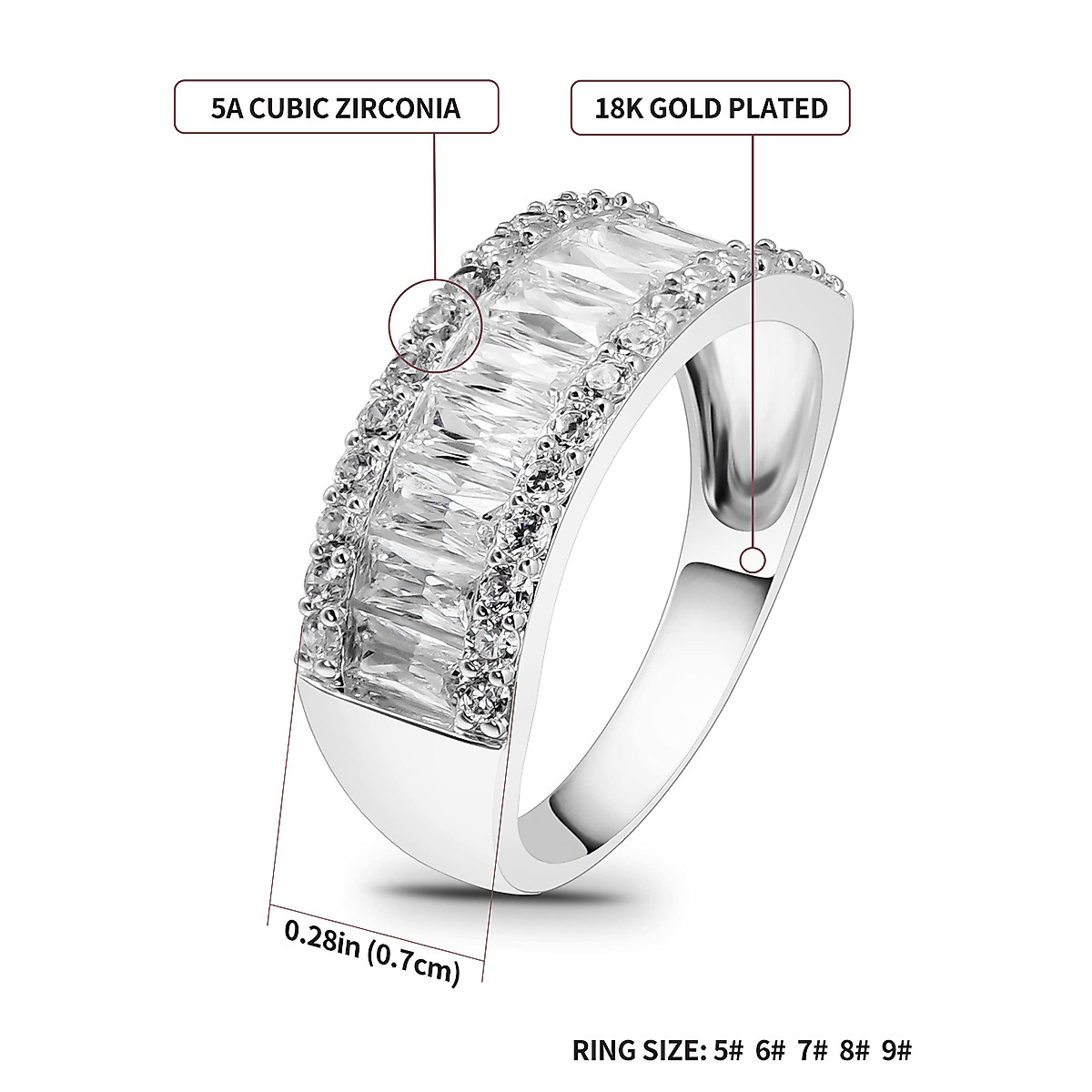 Beutirer 18K Gold Plated Rings for Women, 3-Row 5A Cubic Zirconia Ring Baguette Band Engagement Eternity Rings for Teen Girls Birthday Valentine's Day Anniversary Wedding Rings Size 5 6 7 8 9