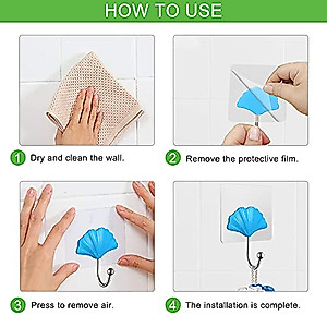 SELEWARE Adhesive Hooks 20Ib(Max), Heavy Duty Decorative Wall Hooks for Hanging, Waterproof and Oilproof Seamless Hooks for Wall Indoor Kitchen Bathroom Office, Blue Ginkgo Leaf, 4 Pack