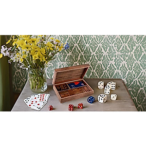Great Gift Ideas Wooden Playing Card Box with 5 Dice & 28 Dominoes Tiles Game Set Deck Pack Case Holder Storage Accessories Organizer with Playing Cards Classic Table Game