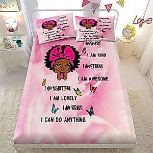 Gusuhome Black Girl Magic Bedding Sets Twin Size African American Girl Fitted Sheet Set Cute Little Afro Black Princess Bed Sheet Set for Girl Bedroom Room Decor (1 Fitted Sheet + 1 Pillowcases) Pink