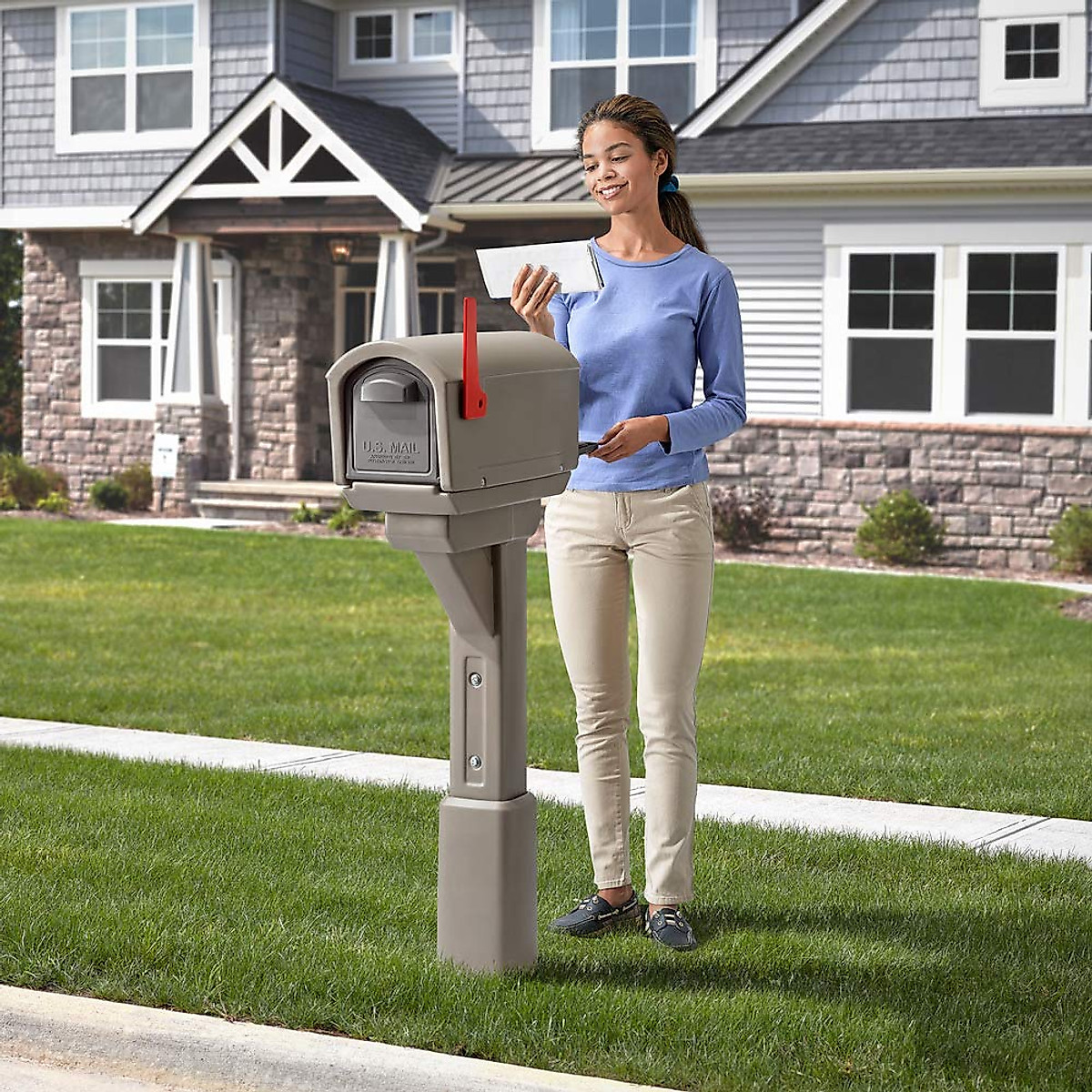 Step2 MailMaster Express Mailbox & Post, Weather Resistant, Large Outdoor Mailboxes, Made of Durable Plastic, Easy to Install, Flag Included, Mocha