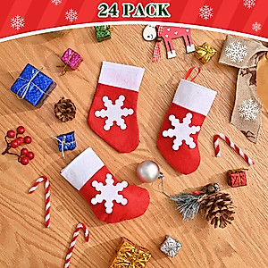 FUSHENMU 24 Pack Mini Christmas Stockings Felt Snowflake Xmas Stocking Red Sock Tableware Knife Spoon Fork Bag Candy Pouch Bag for Xmas Party Tree Dinner Table Home Ornaments