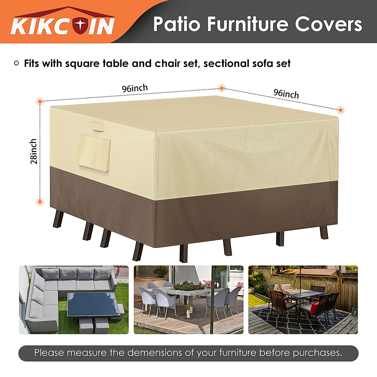 Patio Furniture Covers Waterproof for Table and Chairs, Square Outdoor Furniture Set Cover, Anti-Fade, Tear/Water Resistant Patio Furniture Set Covers, 96" L x 96" W x 28" H