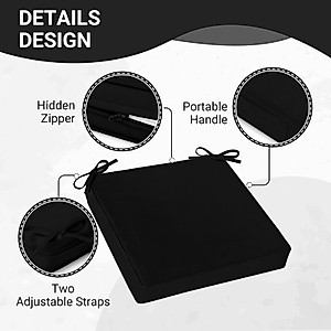 downluxe Waterproof Outdoor Chair Cushions Set of 2, 19" x 19" x 3" Patio Chair Cushion with Non-Slip Ties & Handle, Square Outdoor Cushion for Patio Furniture with Removable Cover, Black