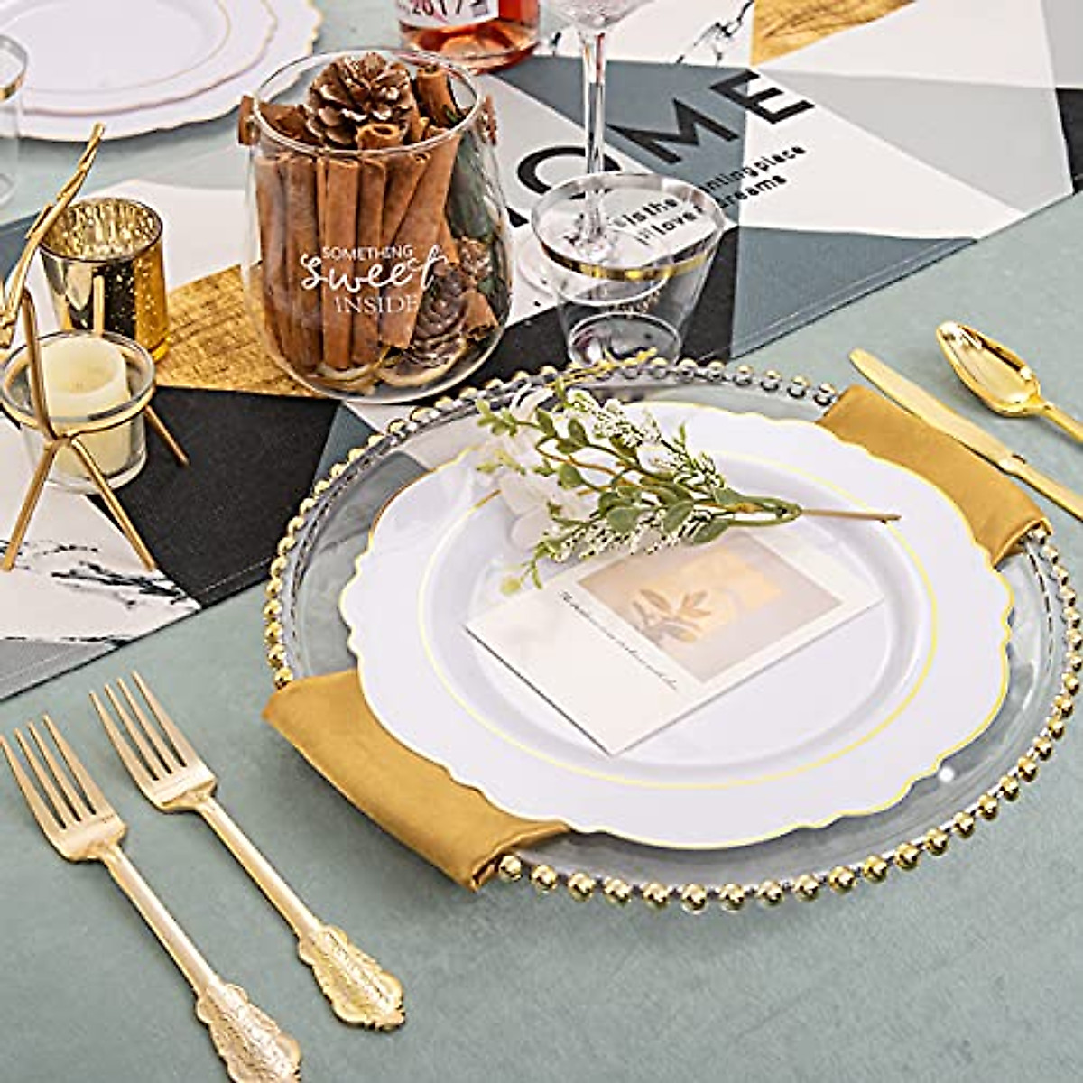 WDF 50Guest Gold Plastic Plates - Disposable White and Gold Plastic Plates include 100Plates, 150Gold Plastic Silverware, 50Cups, 50Napkins Plates for Wedding&Parties