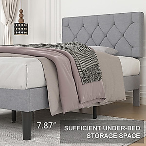 VECELO Twin Bed Frame with Button Tufted Headboard, Upholstered Platform Bedframe with Wood Slat Support, No Box Spring Needed, Grey