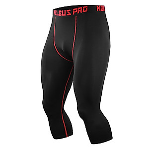 NELEUS Men's 3 Pack Running Capri Leggings Athletic Compression Short,6057,Black,red and Grey Stripe,3XL