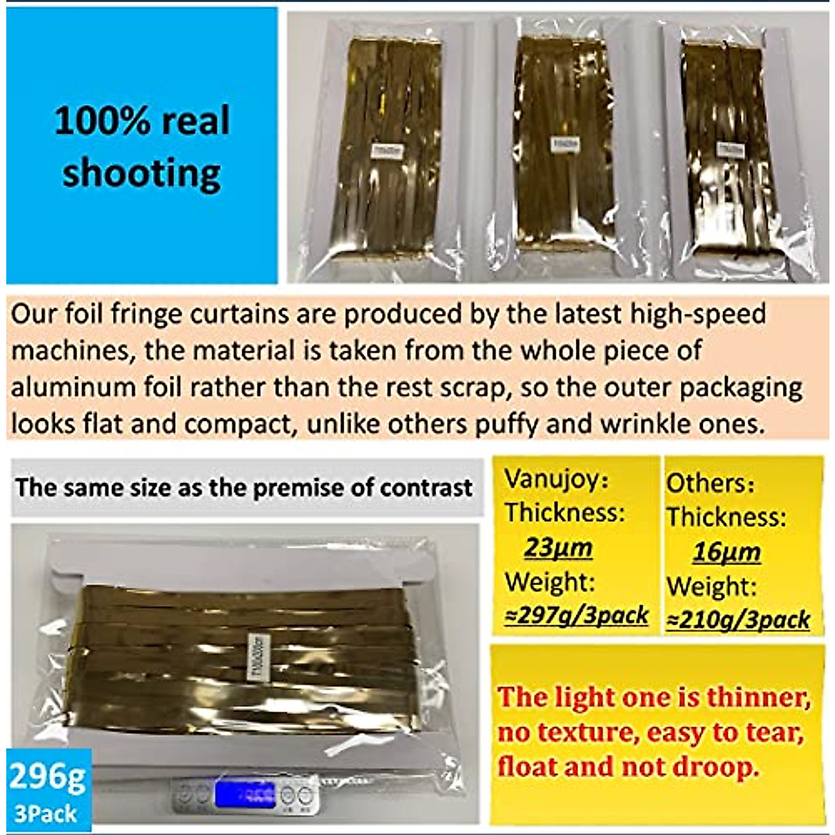 Vanujoy 3 Pack Champaign Gold 3.3ft x 6.6ft Tinsel Foil Fringe Backdrop Curtains for Birthday Anniversary Retirement Party Decorations