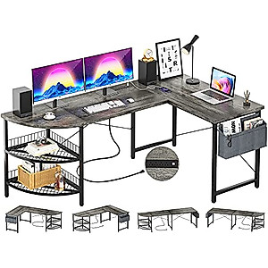 Unikito L Shaped Desk with Power Outlet, 98.4" Reversible Corner Computer Table with Storage Shelves and Bag, Modern 2 Person Large Long Desk for Home Office Writing Study Workstation, Black Oak