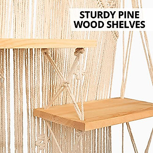 Macrame Wall Hanging Plant Decor Shelf, Tall Ladder Shelf, 5 Tier Indoor Handmade Plant Shelves, Large Boho White Beige Hanging Floating Hand Woven Rope for Bedroom, Bookshelf (60" H x 24" W)