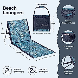 Lightspeed Outdoors Beach Loungers | Durable Beach Lounge Chair with Folding Design | Fully Padded and Lightweight Portable Beach Chair | Adjustable Back Rest | 2 Pack | Deep Navy Ombre
