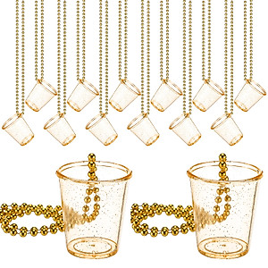 Misdary 12 Pcs Shot Glass on Beaded Necklace Gold Clear Shot Cups Disposable Plastic Shot Cups for Birthday Wedding Festival Parade Party Favor Groom Bride Supplies