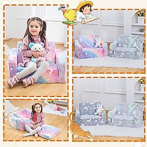 Toddler Baby Chair Couch Sofa for Kids Foldable 2-in-1 Fold Out Couch Bed Toddler Chairs Comfy for Boys & Girls Convertible Kids Furniture lounge chairs for Playroom with Double Pockets, Glowing Pink