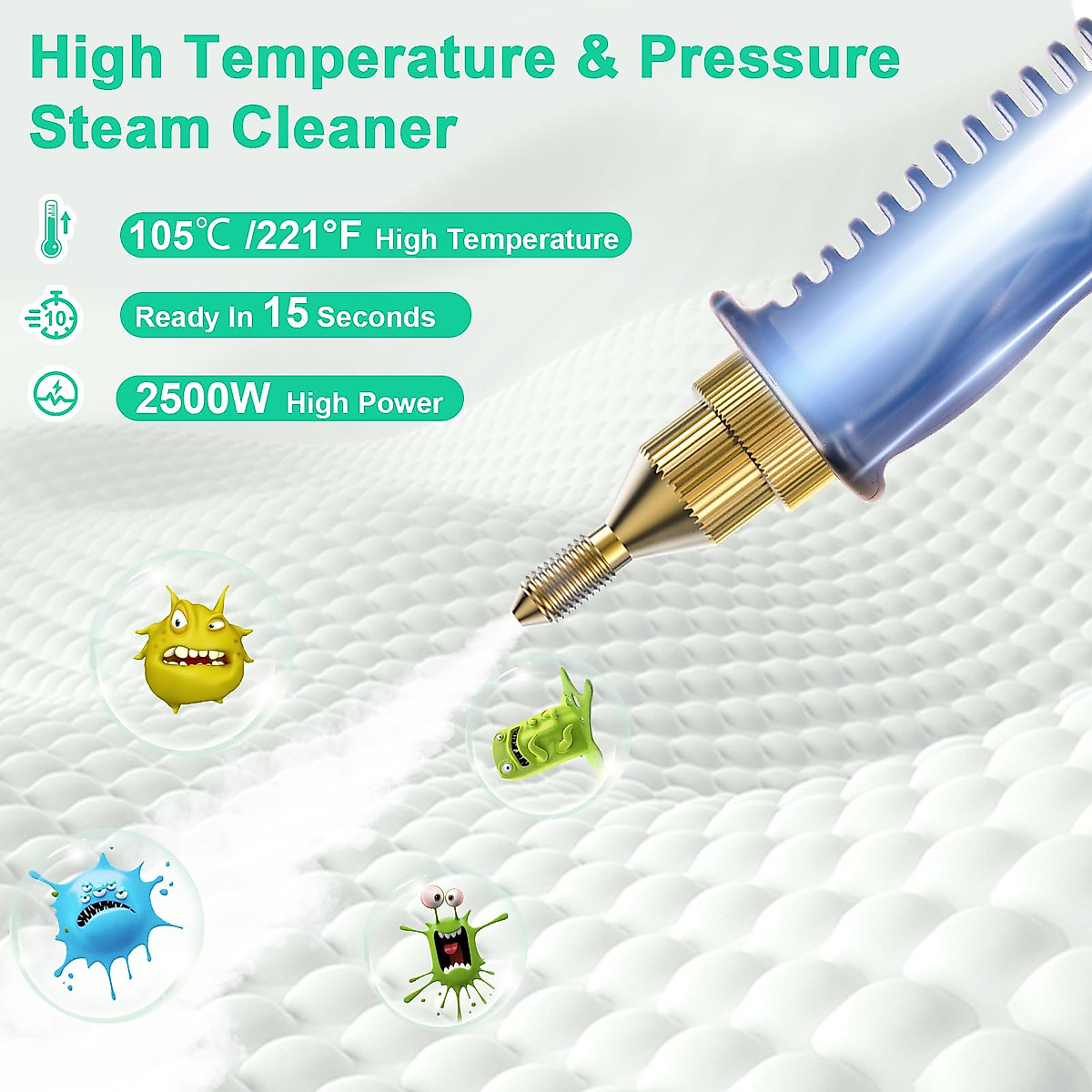 AUXCO Steam Cleaner, 1200ml High Pressure Steamer for Cleaning Handheld Steam Cleaner for Home,High-Temperature Steamer Cleaner for Car,Upholstery,Kitchen, Bathroom, Carpet，Grout and Tile(Mint)