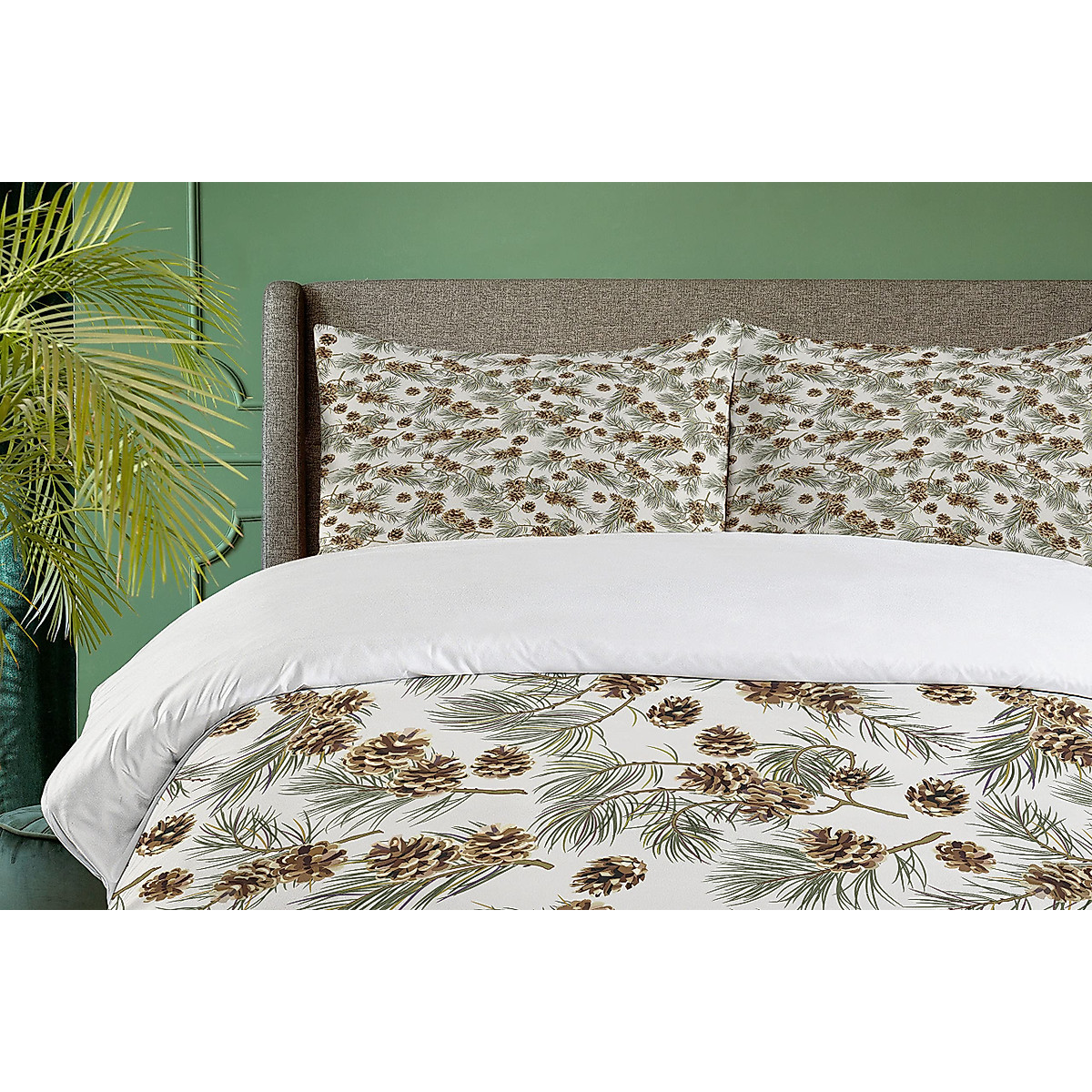 Lunarable Pinecone Duvet Cover Set, Scenery Illustration of Hand Painted Pine Tree Branches and Sepia Cone, Decorative 3 Piece Bedding Set with 2 Pillow Shams, King Size, Brown Green