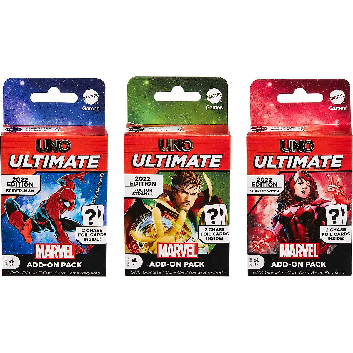 Mattel Games ​UNO Ultimate Marvel Add-On 3-Pack Set with Collectible Character Deck & 2 Foil Cards, Includes Spider-Man, Dr. Strange and Scarlet Witch