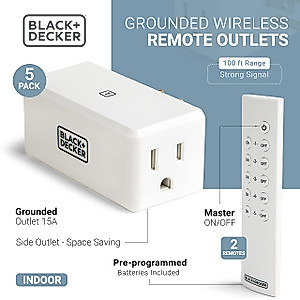 BLACK+DECKER Wireless Remote-Control Outlet, Pack of 5 Outlets, 2 Remotes - Premium Light Switches