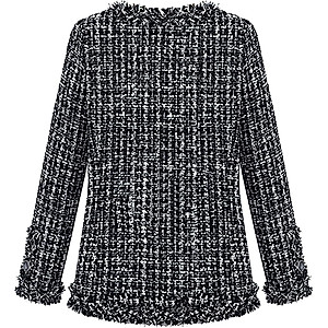 ebossy Women's Elegant Open Front Round Neck Fringed Plaid Tweed Jacket (Large, Black)