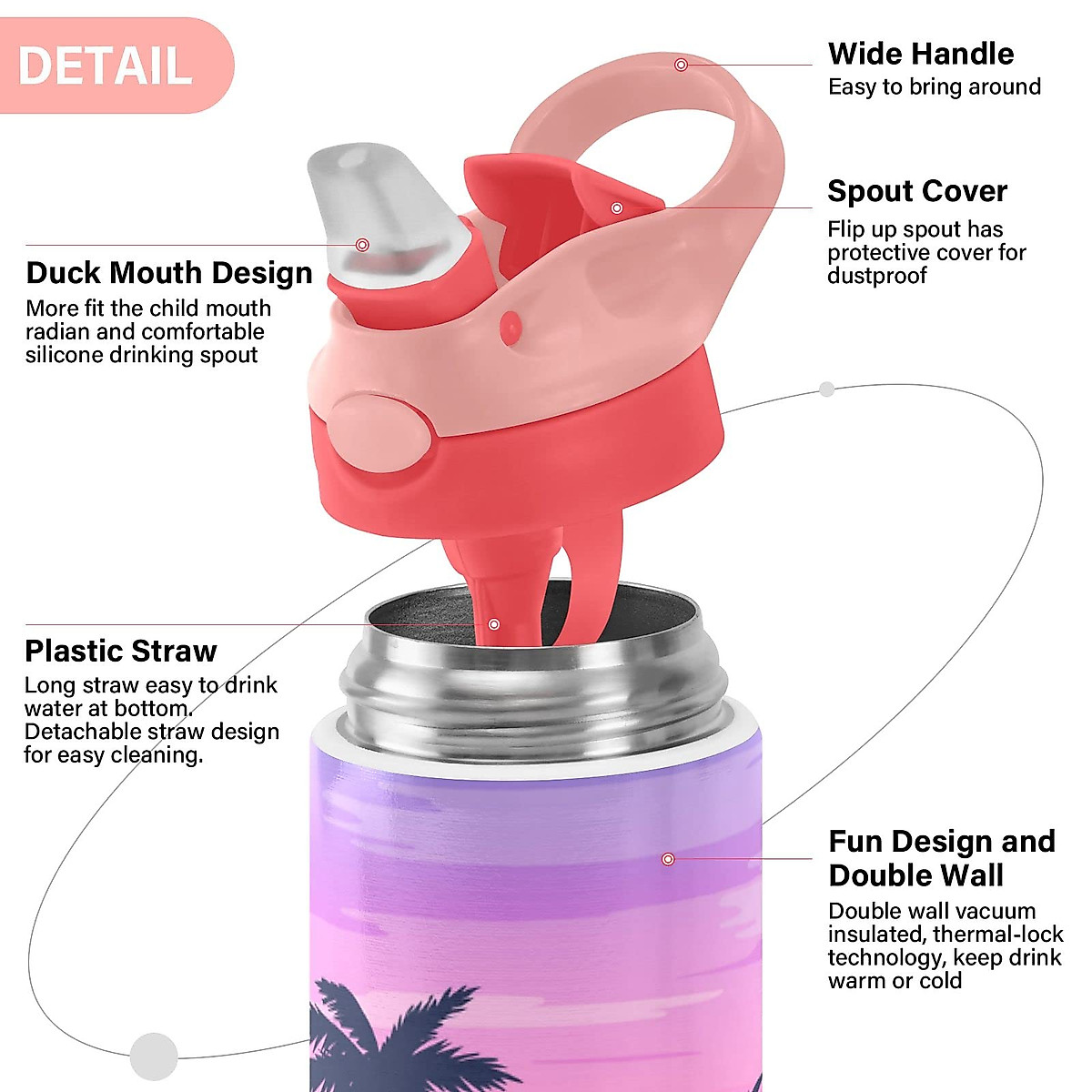 Purple Sky Palm Trees Kids Water Bottle with Straw Lid, Vacuum Insulated Stainless Steel Double Walled Leakproof Tumbler Travel Cup for Girls Boys Toddlers, 12 oz
