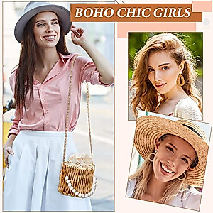 9 Pcs Women&#039;s Pearl Straw Bags Rattan Earrings Summer Beach Handbags Woven Wicker Bucket Tote Bag Straw Wicker Braid Hoop Drop Dangle Bohemian Earrings