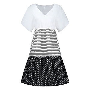 LFEOOST Dresses for Women 2023 Wedding Guest Summer V Neck Short Sleeve Belted Ruffle Hem A-Line Polka Dot Boho Maxi Dress