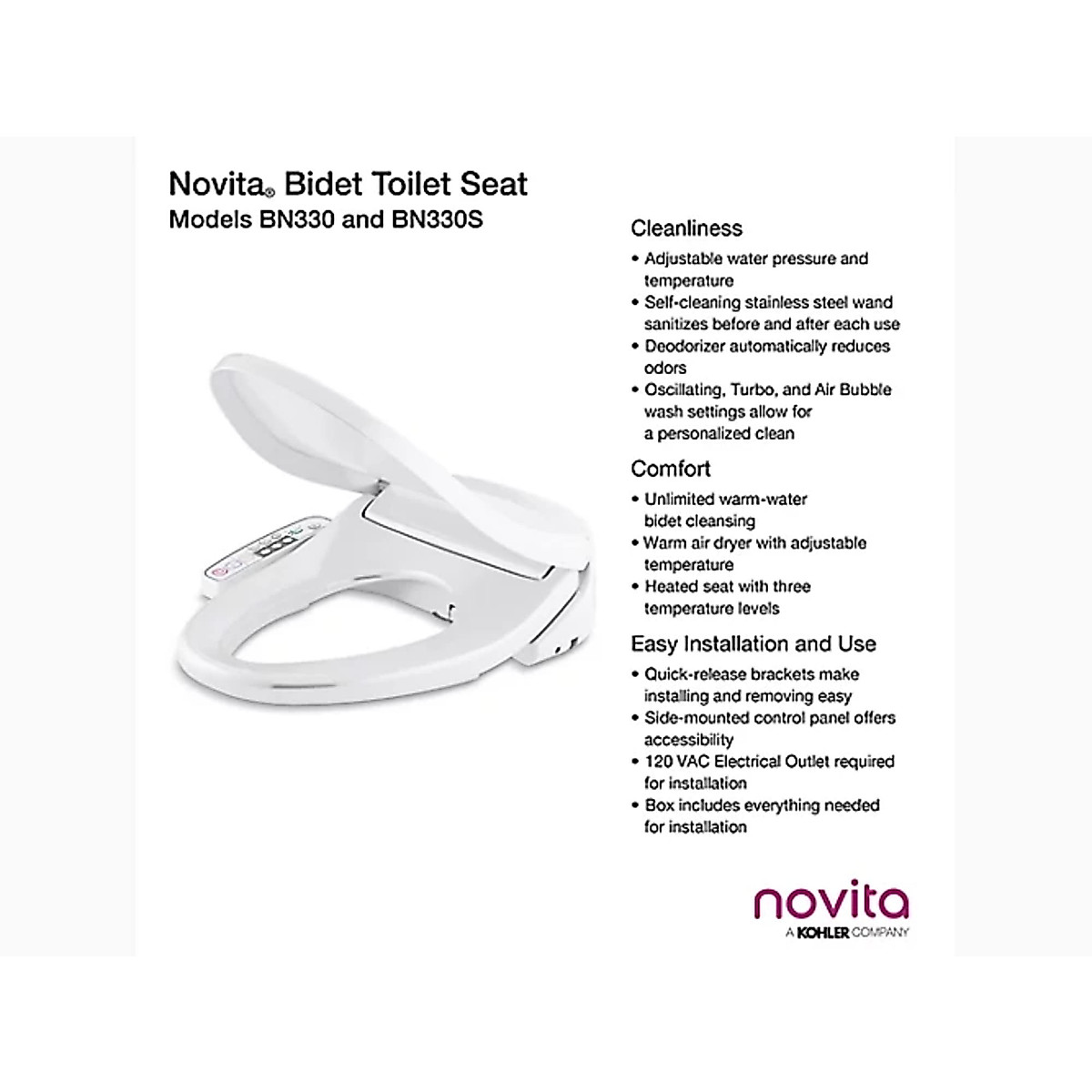 KOHLER BN330-N0 Novita Electric Bidet Toliet Seat, Elongated Heated Bidet Warm Water Bidet with Dryer, Bidets for Existing Toilets, White