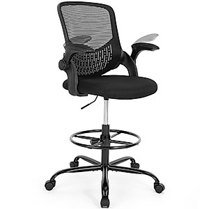 Drafting Chair, Standing Desk Chair, Tall Office Chair, Counter Height Office Chairs, Ergonomic Computer Task Chair, Adjustable Mesh Office Chair with Flip-up Armrests and Foot-Ring, Black