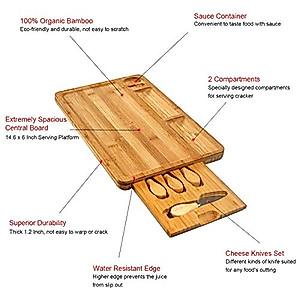 NIUXX Organic Bamboo Cheese Board with 4 Cheese Knives Set for Kitchen, 2 Compartments and 1 Sauce Container Charcuterie Platter, Rectangle Serving Tray with Hidden Cutlery Drawer for Party