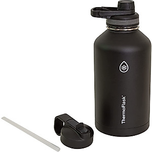 ThermoFlask 64 oz Double Wall Vacuum Insulated Stainless Steel Water Bottle with Spout and Straw Lids, Black
