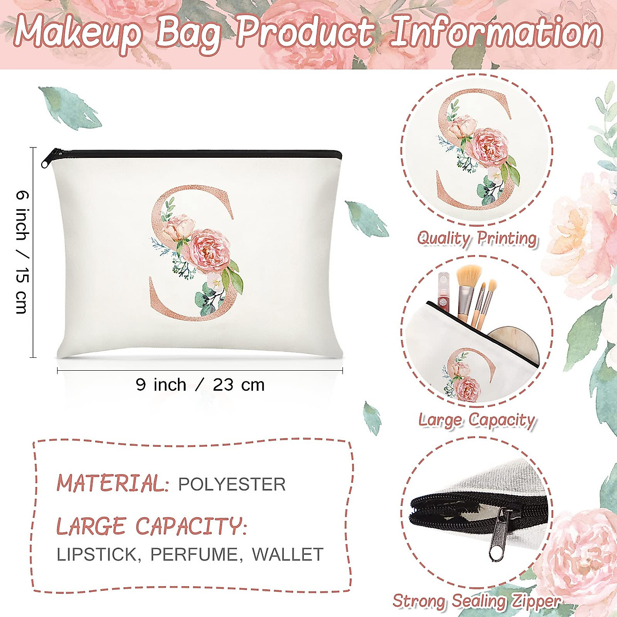 Sanwuta 2 Pcs Initial Canvas Tote Bags Floral Letter Travel Cosmetic Bags Personalized Beach Bags Monogrammed Bags Portable Makeup Zipper Pouch for Woman Girl Lady Birthday Wedding(Letter S)