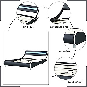 Queen Size Faux Leather Upholstered Platform Bed Frame with LED Lighting, Curve Design, Wood Slat Support, No Box Spring Required, Simple Assembly for Boys Girls Teenagers and Adults, Black+White