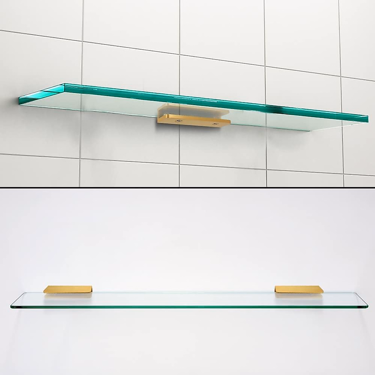 LukLoy Solid Brass Glass Shelf Bracket with 3 Screw Holes, Adjustable Glass Clip for 6mm-10mm Glass (Brush Gold, Pack of 4)