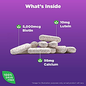 Natrol Beauty Biotin Plus Lutein 5,000 mcg, Dietary Supplement to Support Healthy Hair, Skin and Nails, 60 Beauty Tablets for Adults, 60 Day Supply