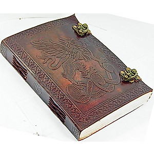 MONTEXOO Leather Journal Dragon Dungeons Dragonette Diary Sketchook Notebook with Lock for Men Women Dnd Travel Bullet Handmade Vintage Old Antique Writing Large Old Cool Brown 8 Inch