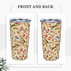 20oz Tumbler Watercolor Cute Birds Double Wall Vacuum Insulated Coffee Mug with Lid and Metal Straw Brush Reusable Stainless Steel Water Bottle Travel Cup Gifts for Car Ice Drinks Hot Beverage