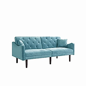 Eafurn Upholstered Futon Sofa Bed with Mattress and Frame, Convertible Loveseat Lounge Couch Daybed,Folding Love Seat w/Adjustable Backrest Sofabed, Blue w/Curved Armrest and 2 Pillows