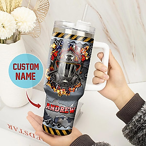 WAZONE Personalized Firefighter 40oz Tumbler with Handle and Straw Lid Custom Name Stainless Steel Insulated Cup American Flag Travel Coffee Mug Gifts For Firefighters Fireman Husband