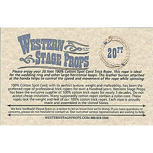 Western Stage Props Cotton Trick Rope Lasso | Lariat Looper Rope for Kids and Adults | Leather Burner Cowboy and Cowgirl Rope for Wedding Ring & Butterflies, 20 Foot